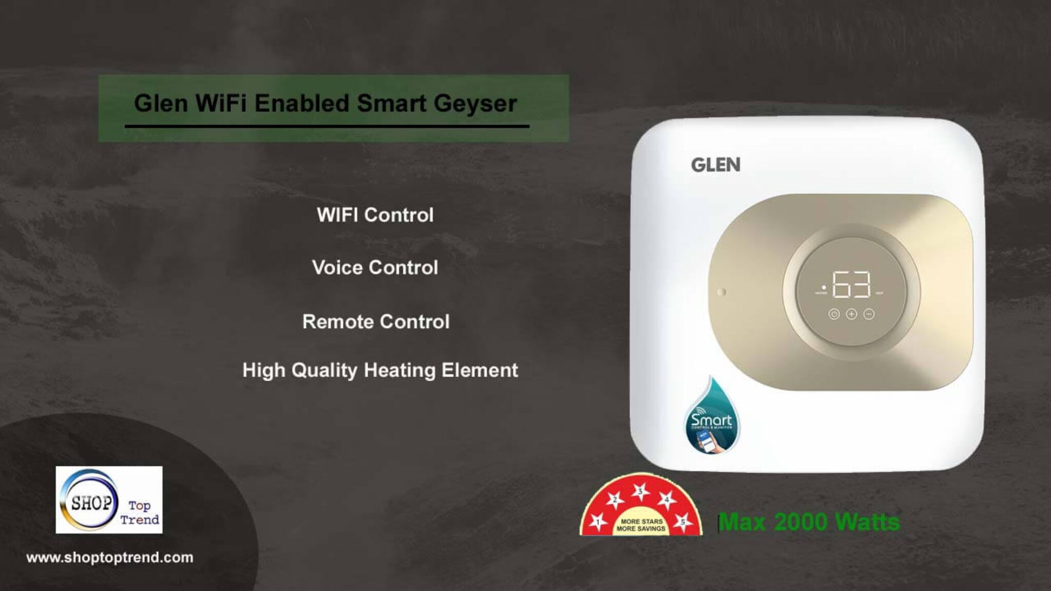 Glen WiFi Enabled Smart Geyser | Best 2000W Powerful Geyser